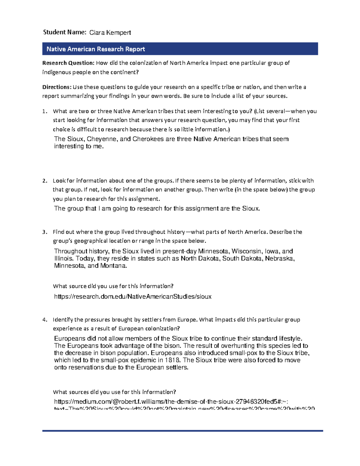 Native American Research Completed - Student Name: Native American ...