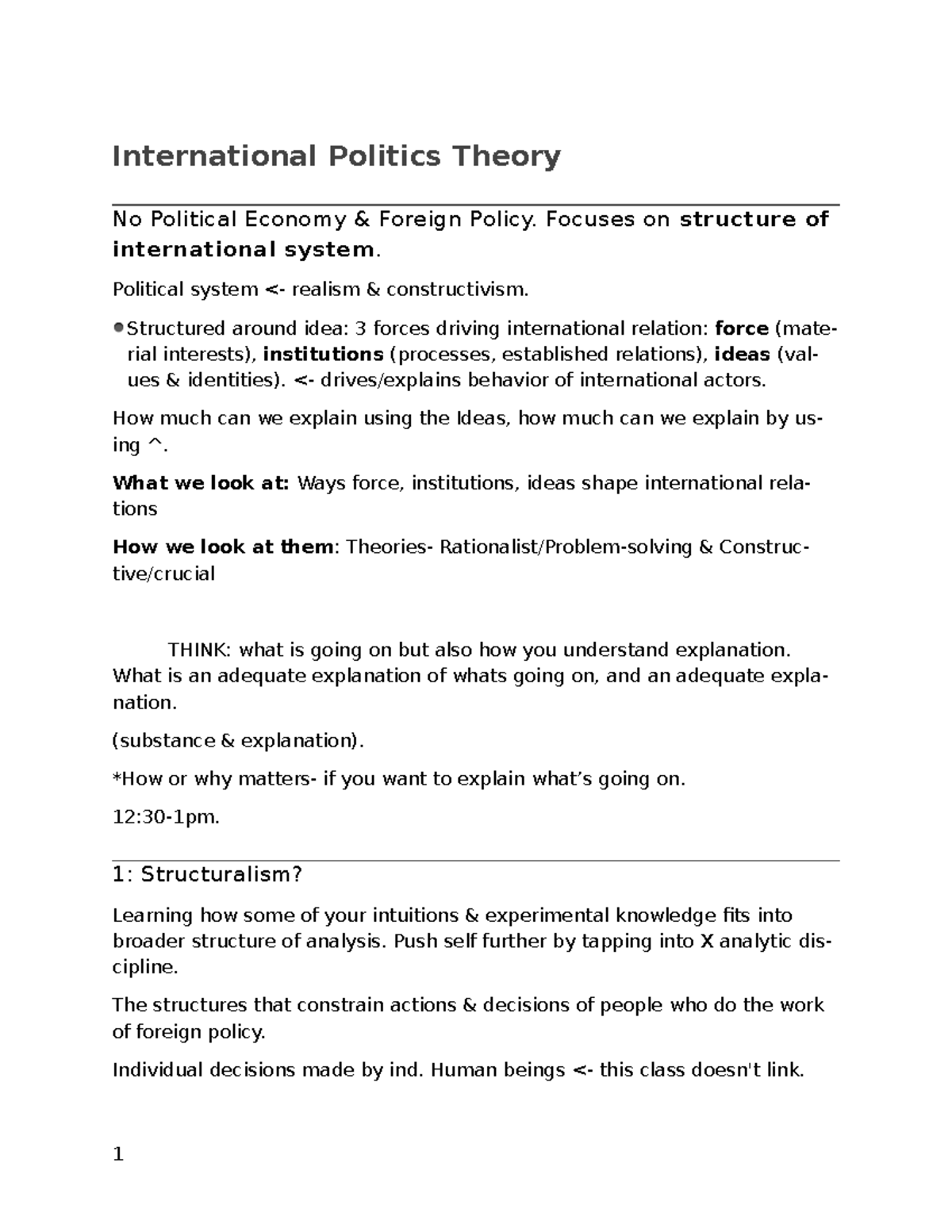 Ints Politics Theory 1 - Lecture notes 1 - International Politics ...