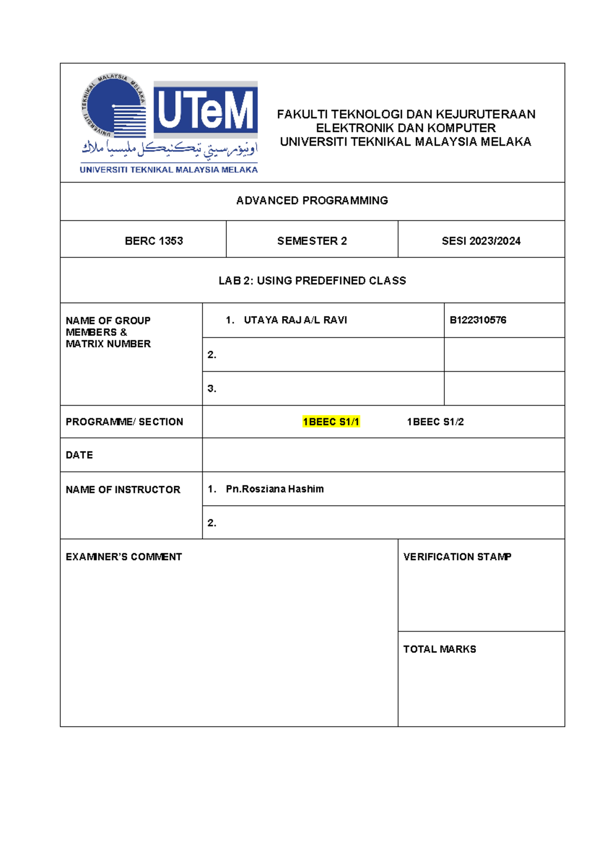 Lab2 2023 2024 Sem2 BERC1353 - ADVANCED PROGRAMMING BERC 1353 SEMESTER 2 SESI 2023/ LAB 2: USING ...