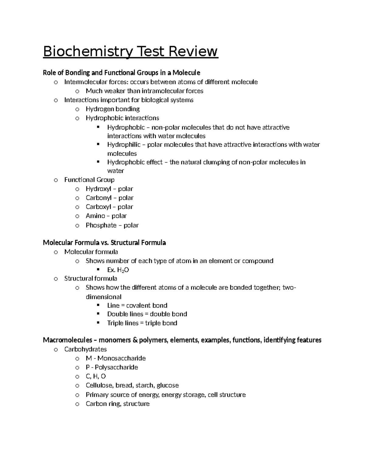 Biochemistry Test Review - Structural Formula o Molecular formula o ...