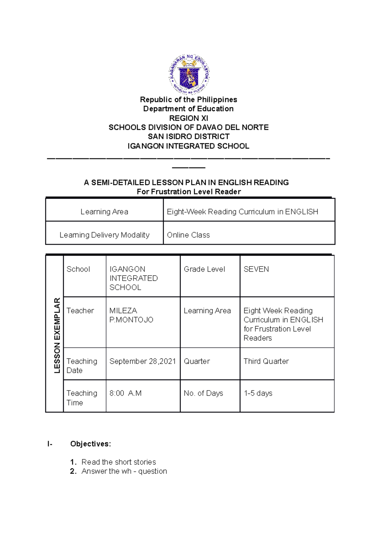 Week 8 Lesson plan.model demo - Republic of the Philippines Department ...