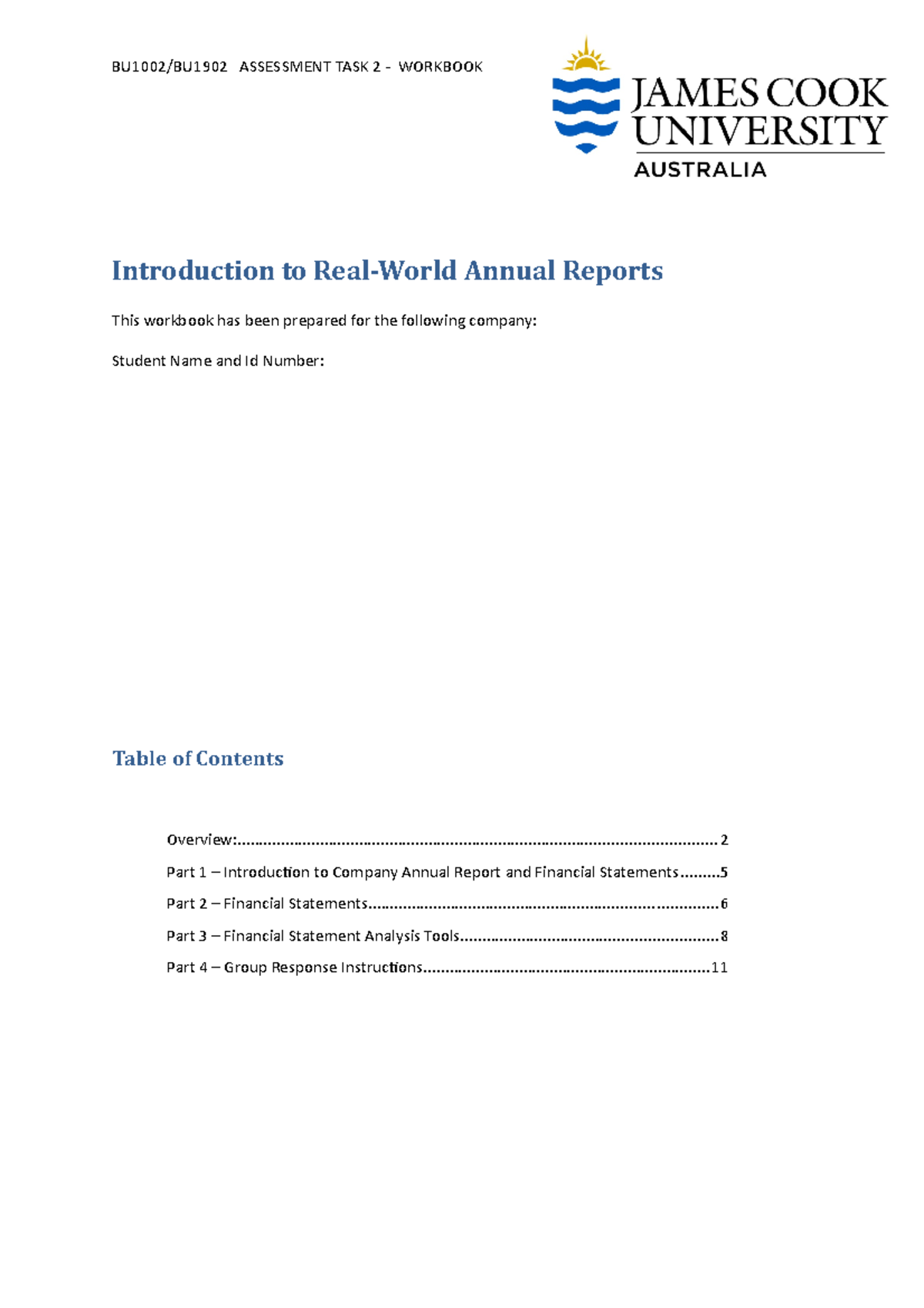 Assessment Task 2 - Workbook SP52 2020 - BU1002/BU1902 ASSESSMENT TASK ...
