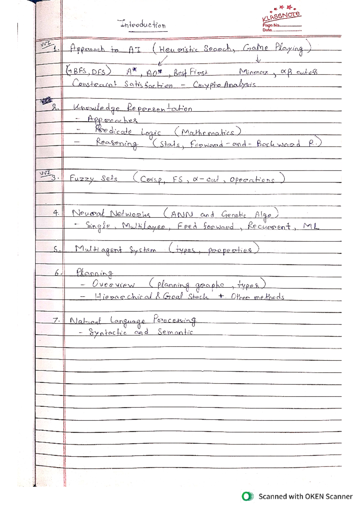 AI Notes From Gate Smashers - KLASSNOTE Introduction Page No. Date VVI ...