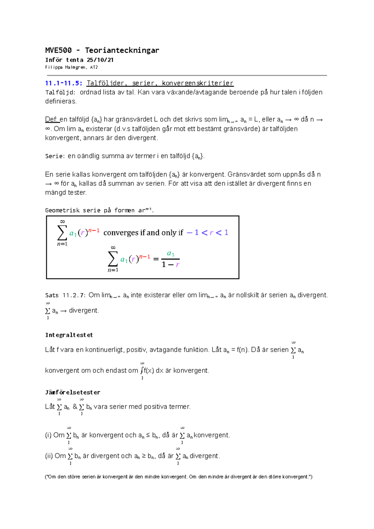 MVE500 Teorianteckningar inför tentaplugg - MVE500 - Teorianteckningar ...