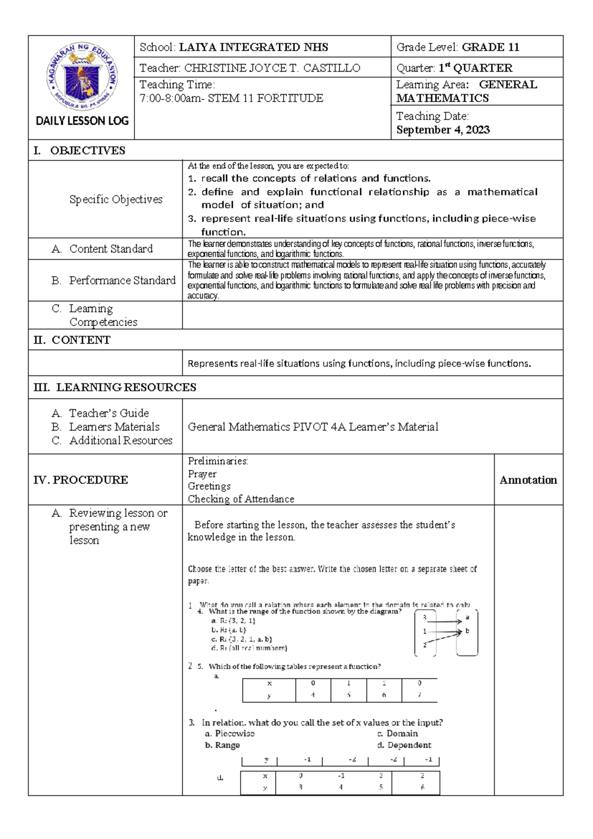 Represents real-life situations using functions, including piece-wise ...