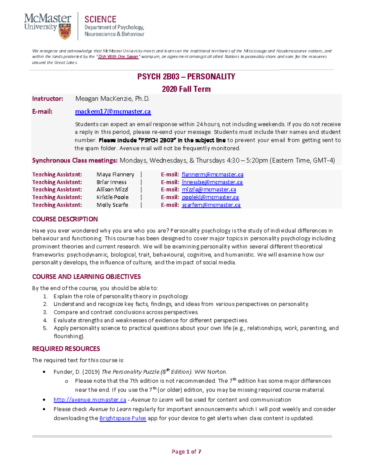 Psych 2B03 Mac Kenzie F2020 Course Outline draft 3 - Warning: TT: undefined function: 32 We ...