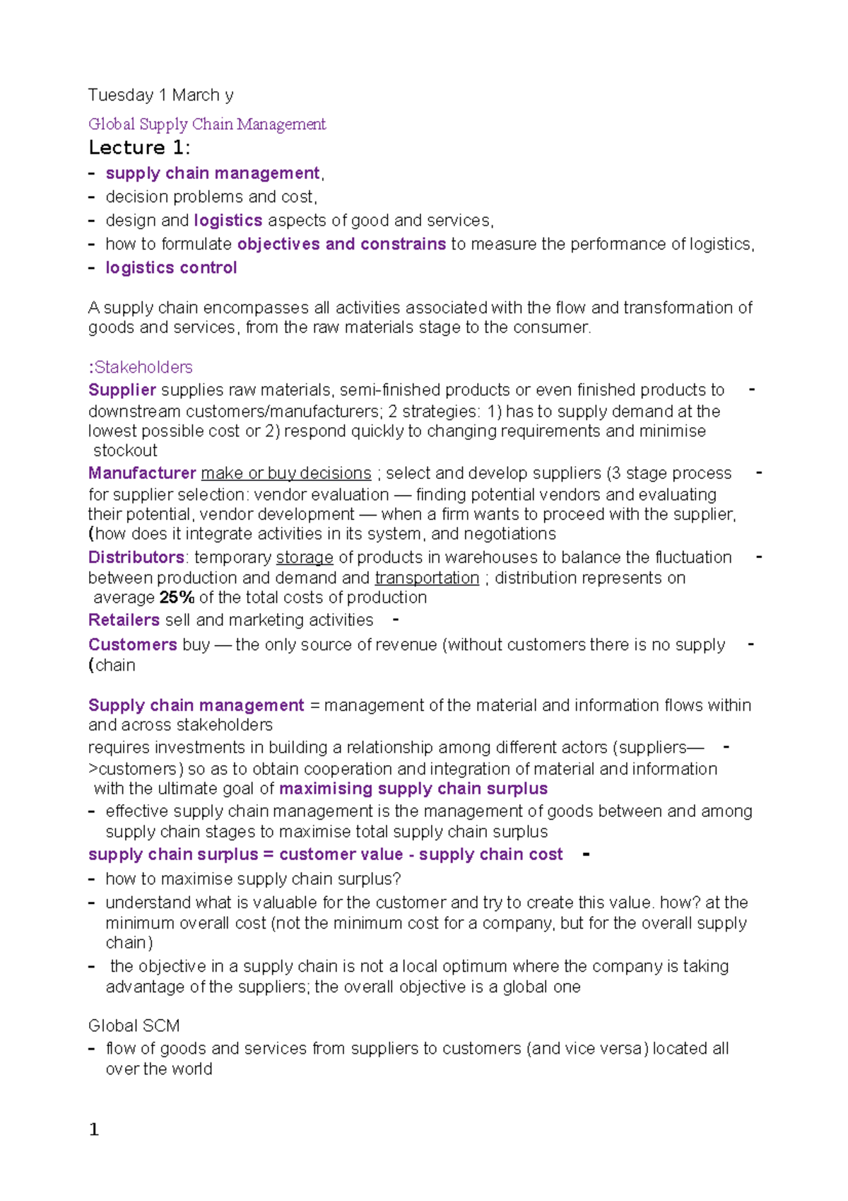 Global Supply Chain Management Lecture 1 Notes - Tuesday 1 March y ...