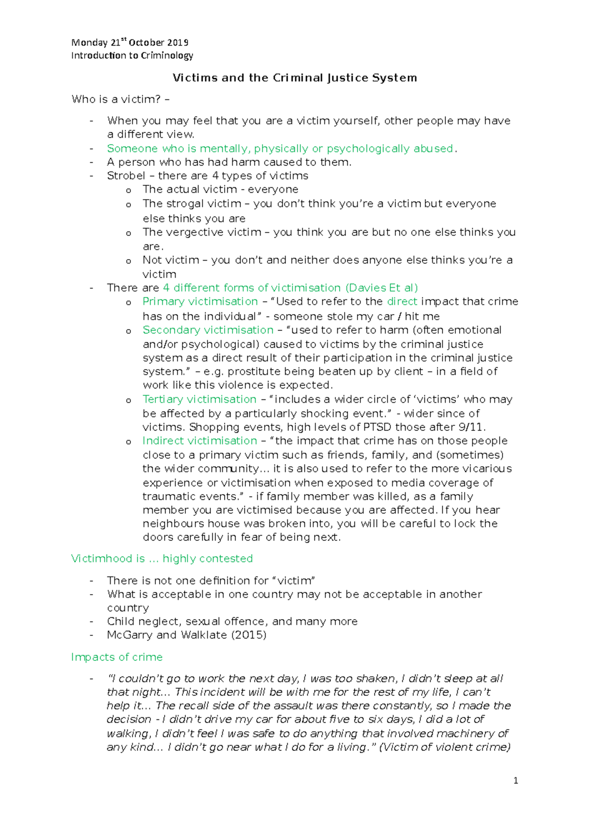 Victims and Criminal Justice systems - Monday 21st October 2019 ...