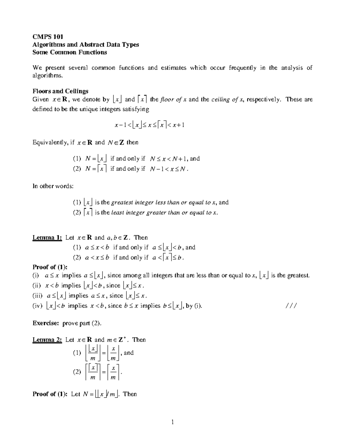 Common Functions - Floors and Ceilings Given x R , we denote by x and x ...