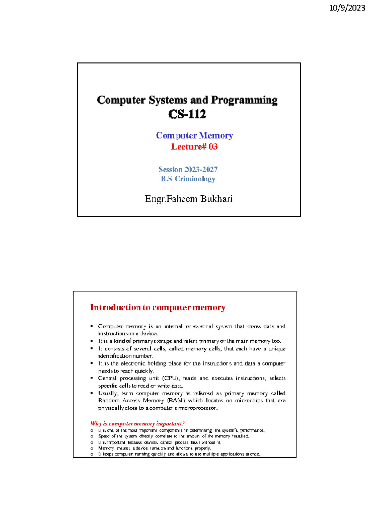 Null 3 - Computer Memory Lecture# 03 Session 2023 - 2027 B Criminology ...