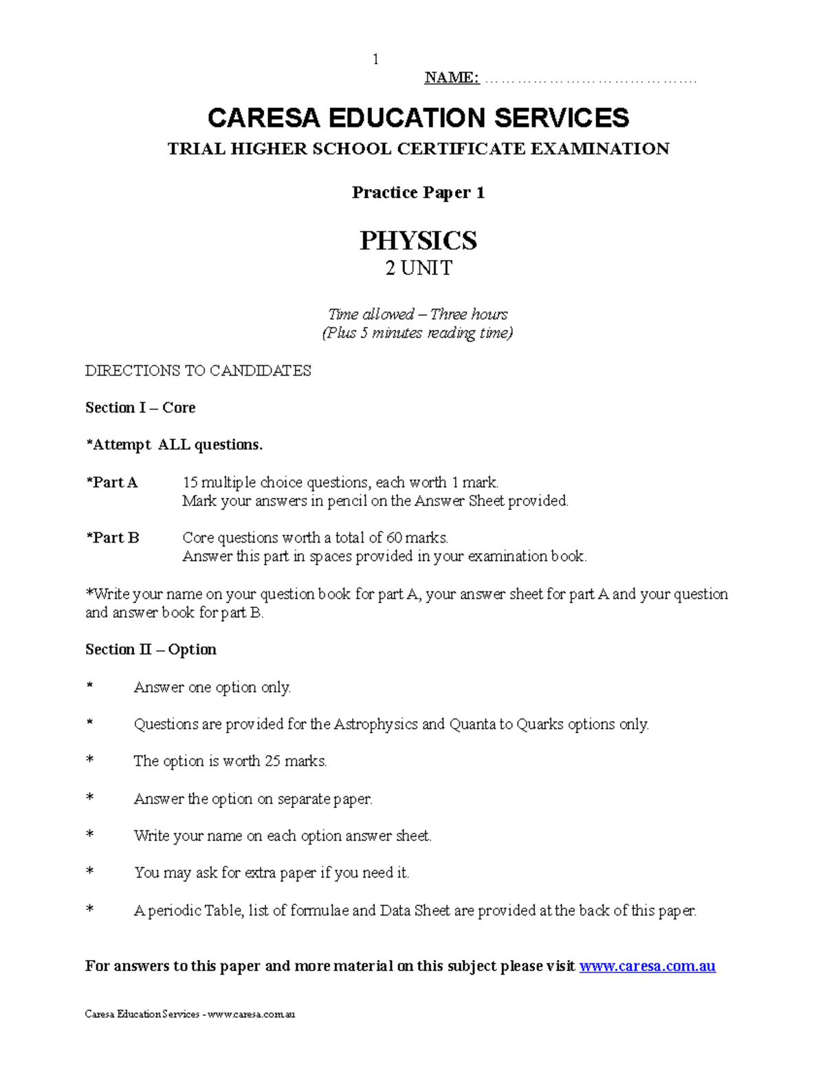 Courses science physics 1140062974 2005 Physics Trial Paper - NAME ...