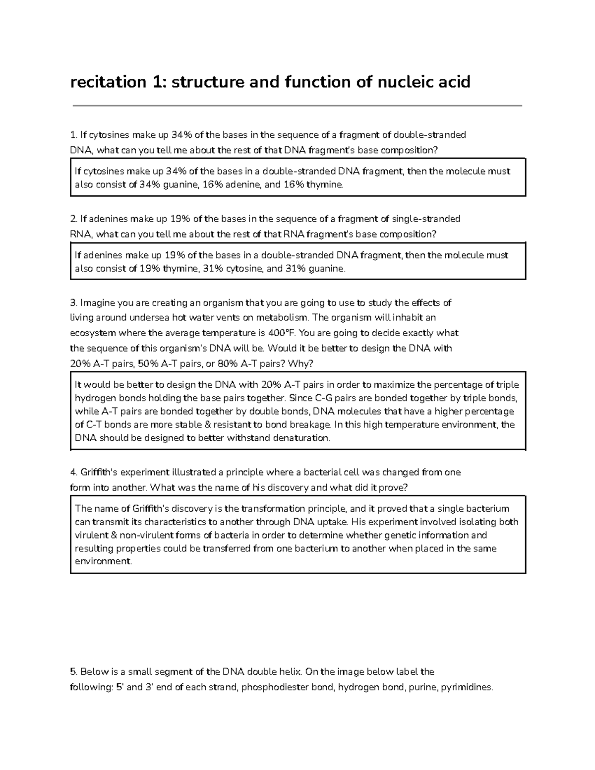 Genetics recitation 1 questions - recitation 1: structure and function ...