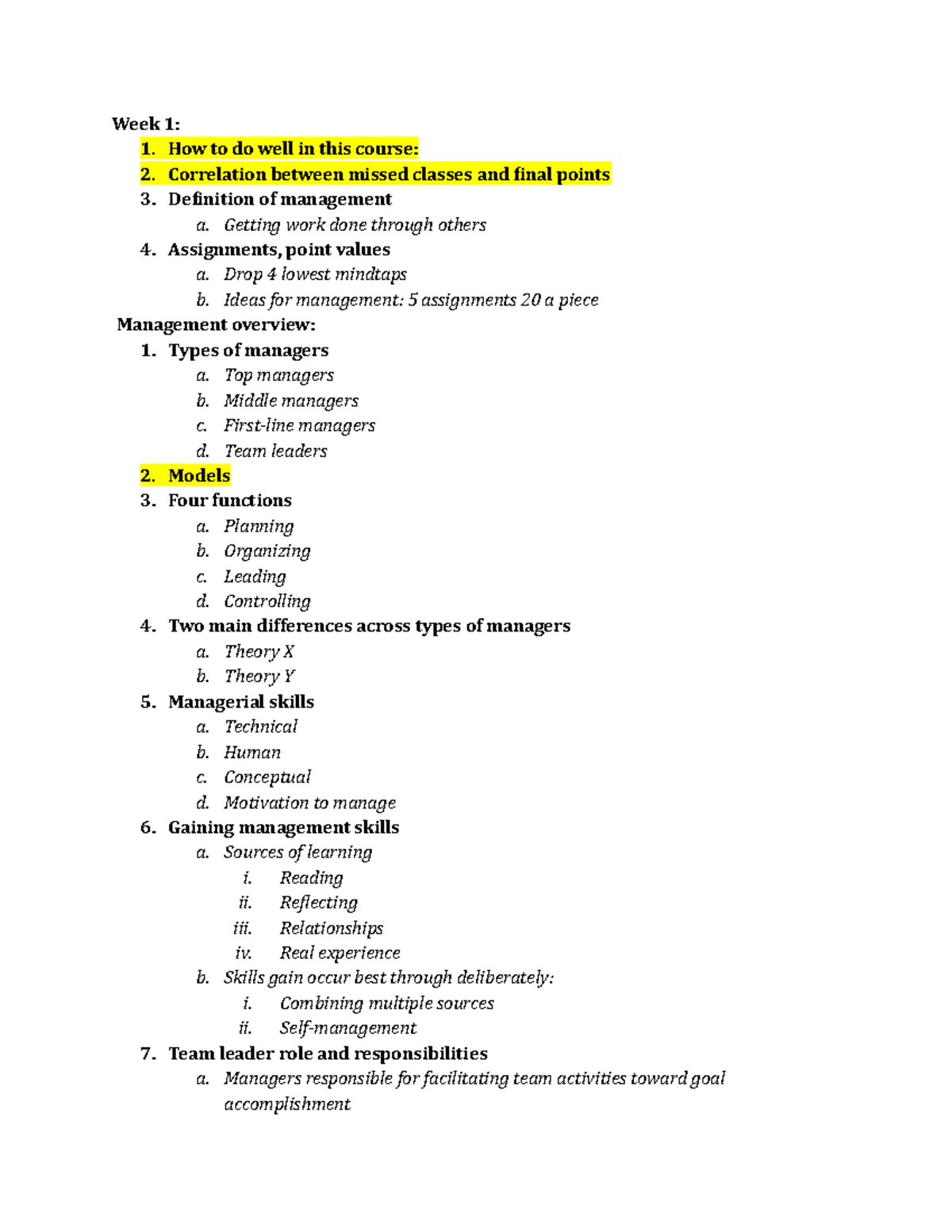 review sheet for managmenet - Week 1: 1. How to do well in this course ...