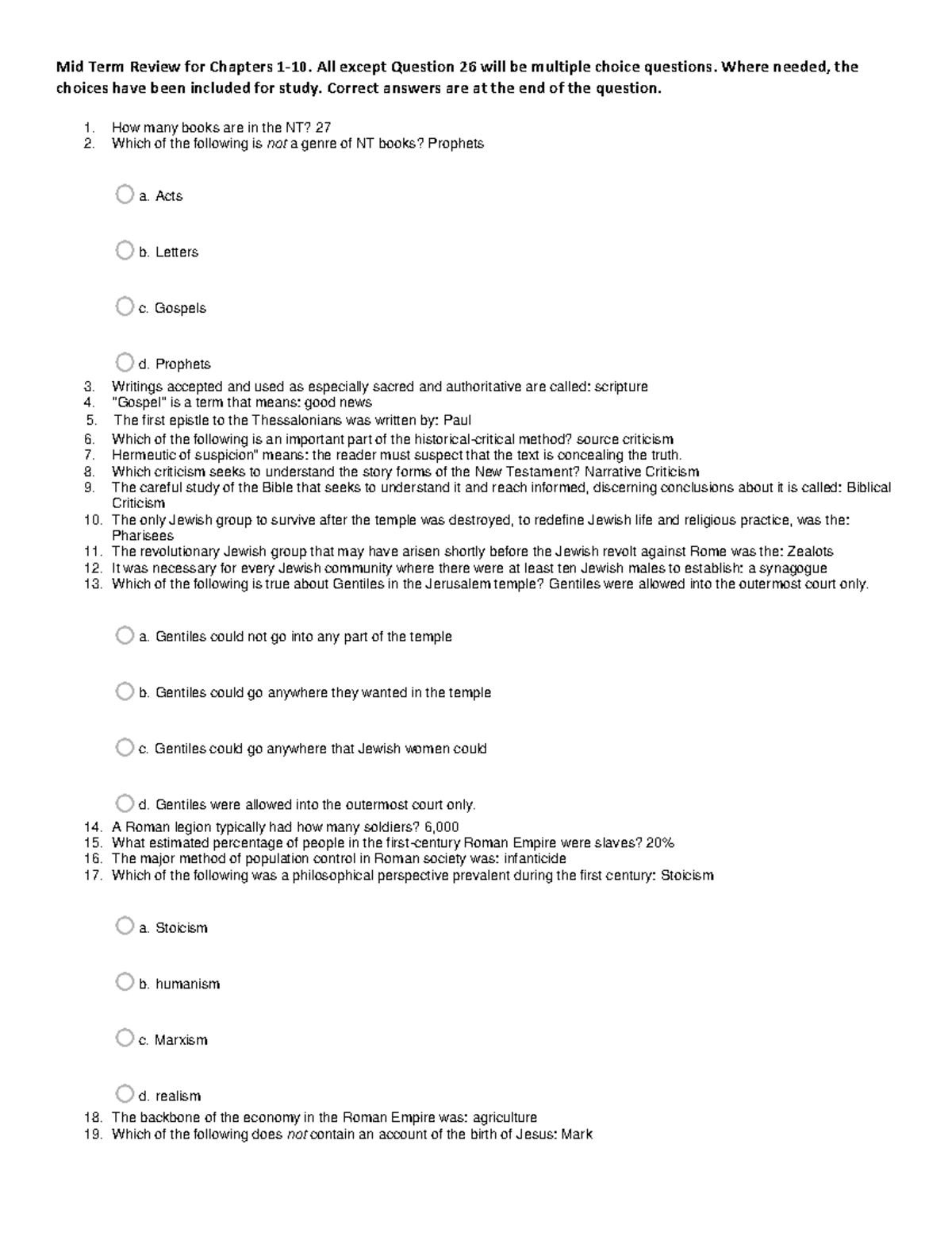 Mid Term Review - All except Question 26 will be multiple choice ...
