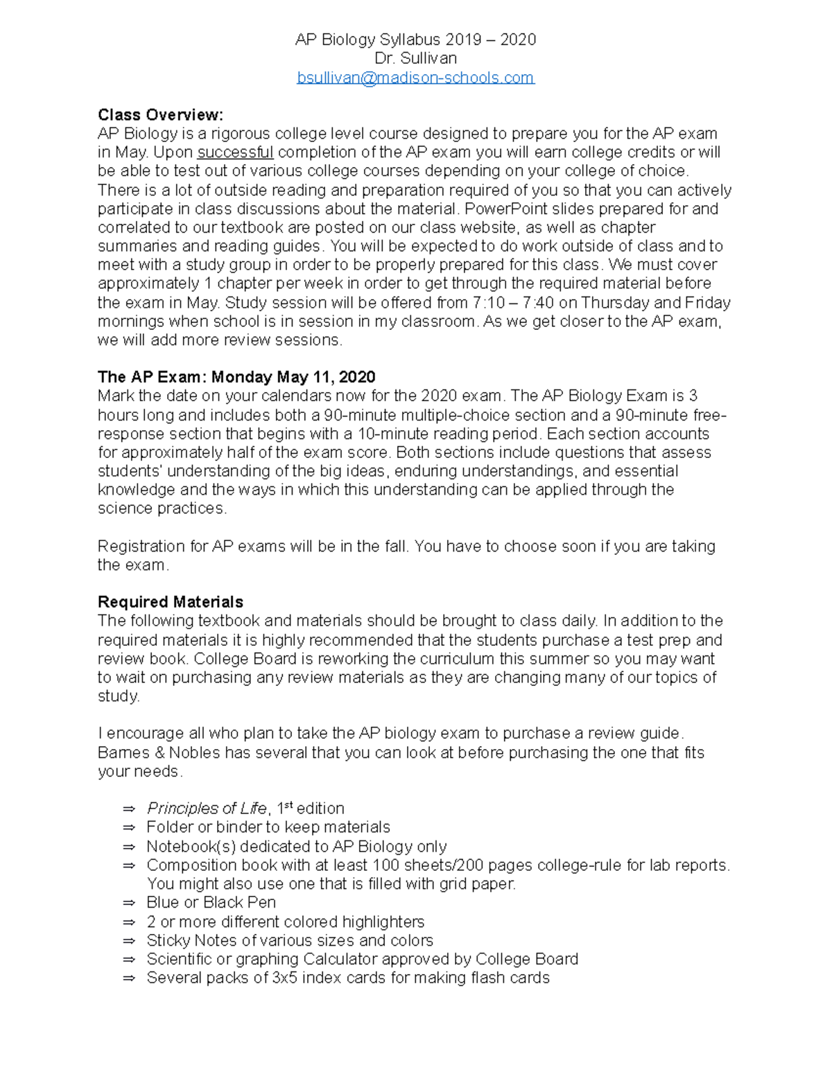 AP Biology Syllabus 2019 - Sullivan bsullivan@madison-schools Class ...