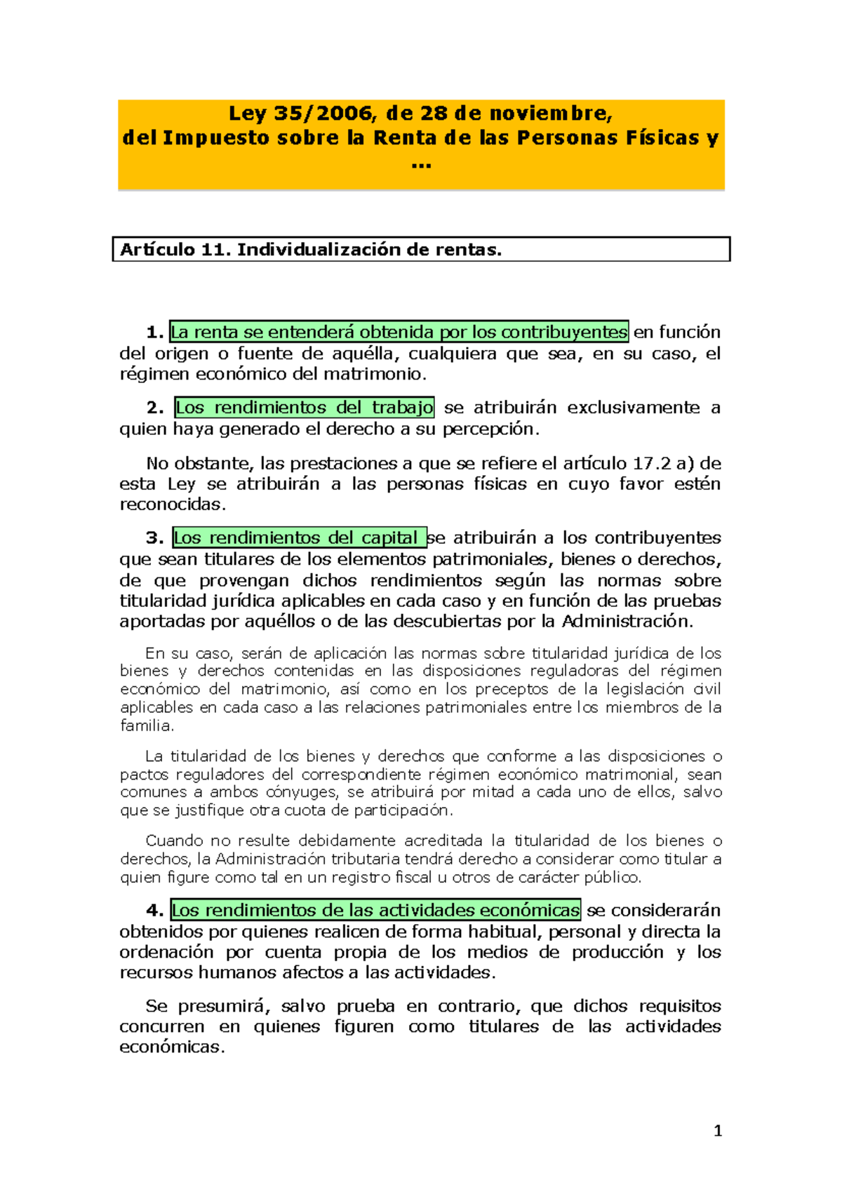 Artículo 11 Ley IRPF - Individualización de rentas - 1 Ley 35/2006, de ...