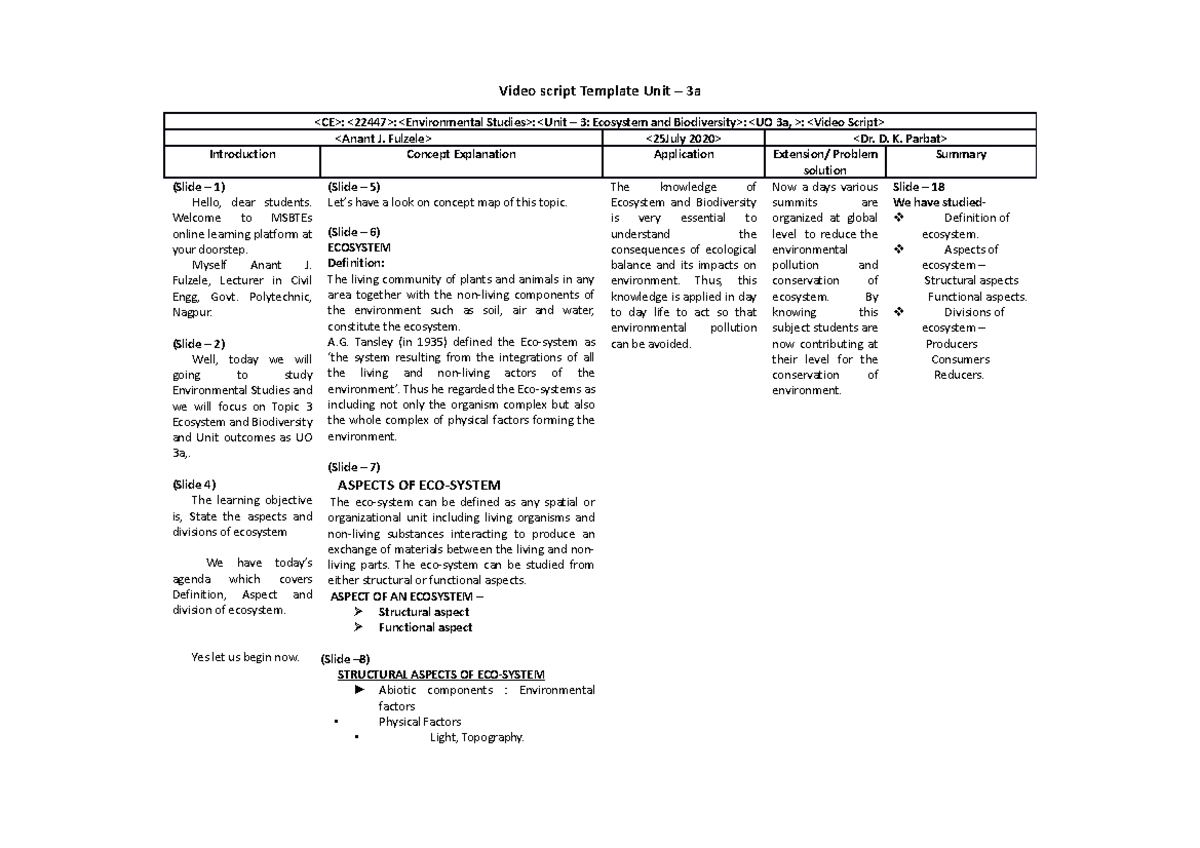 22447 EVS CO3 Video script - Video script Template Unit – 3a : : - Studocu
