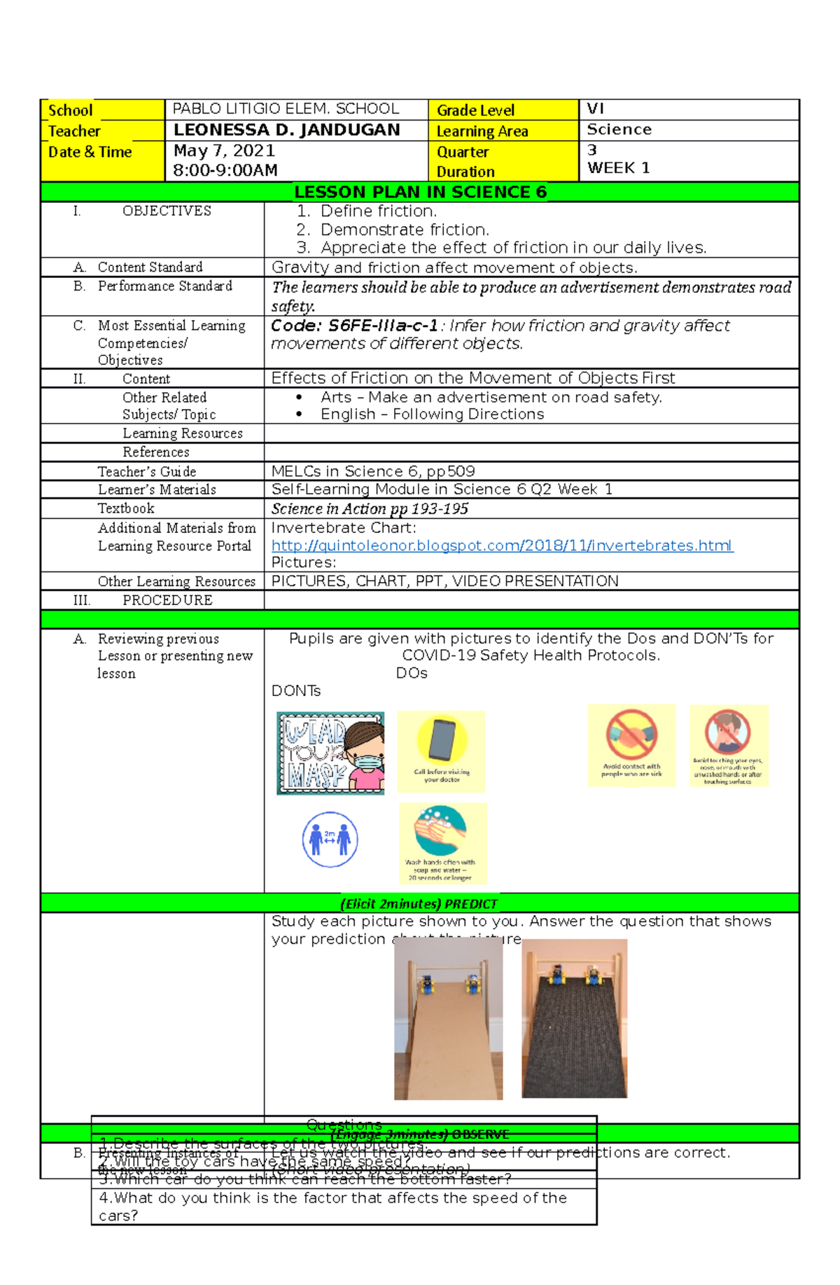 Science CO Friction - lesson plan - School PABLO LITIGIO ELEM. SCHOOL ...
