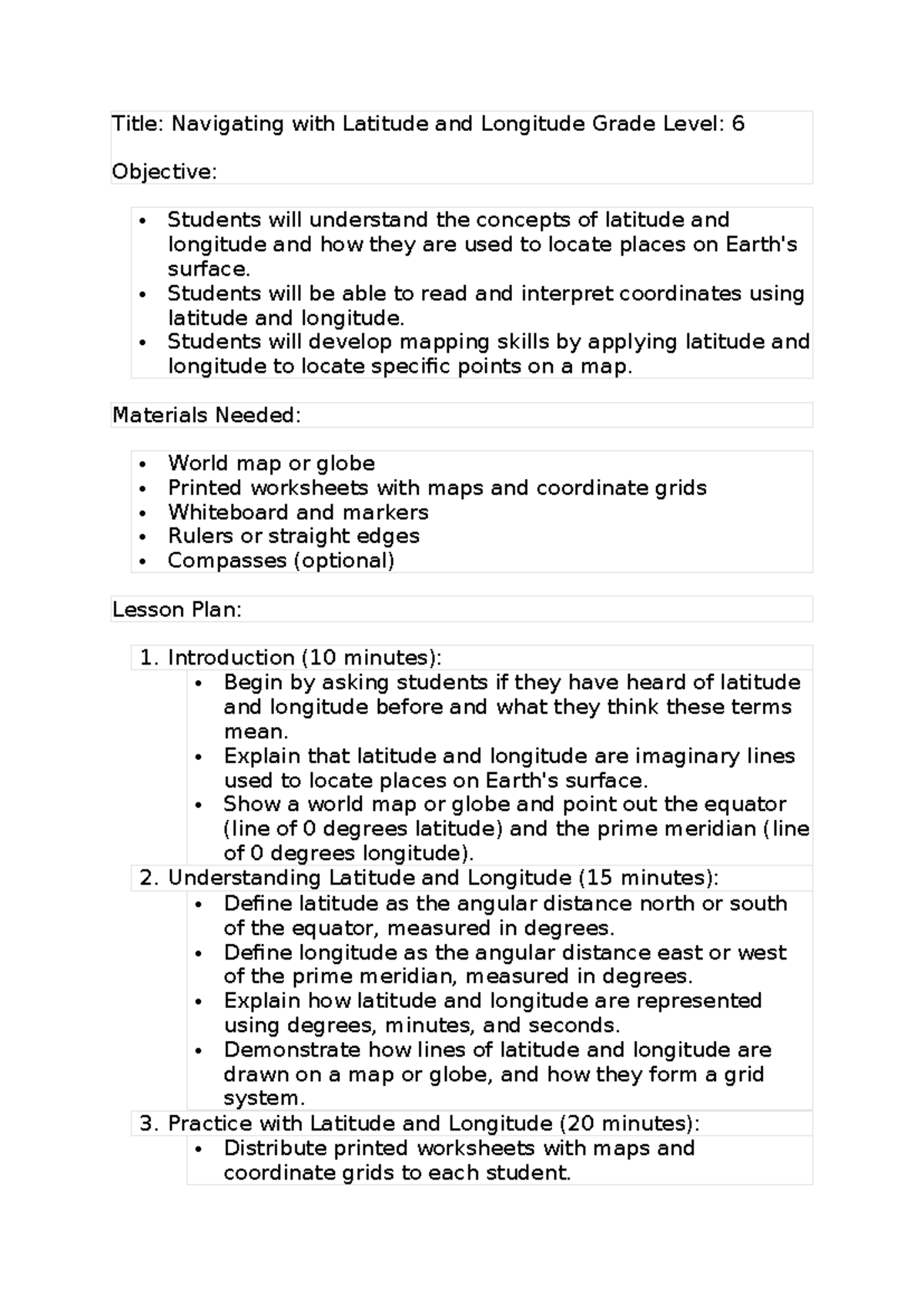 Lesson Plan on Latitudes and longitudes - Title: Navigating with ...