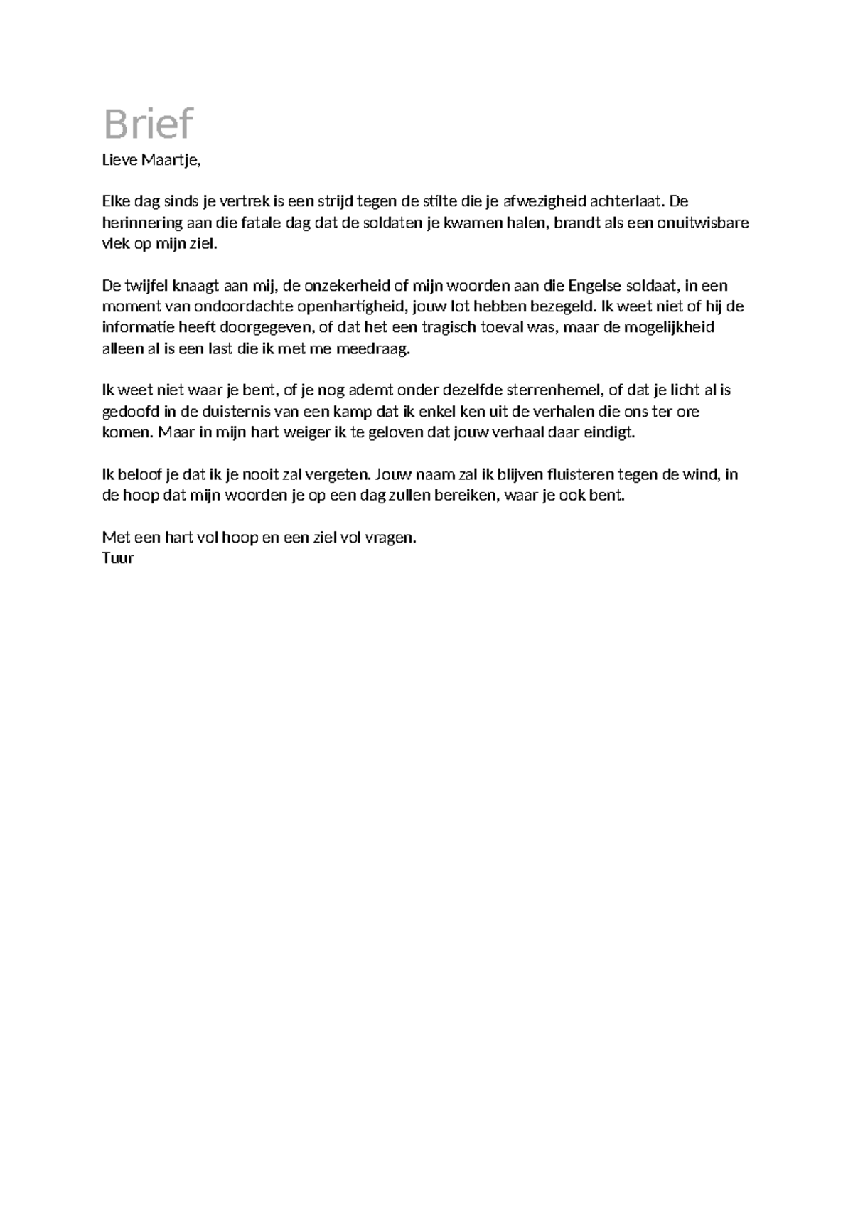 oorlogsgeheimen - Brief Lieve Maartje, Elke dag sinds je vertrek is een ...