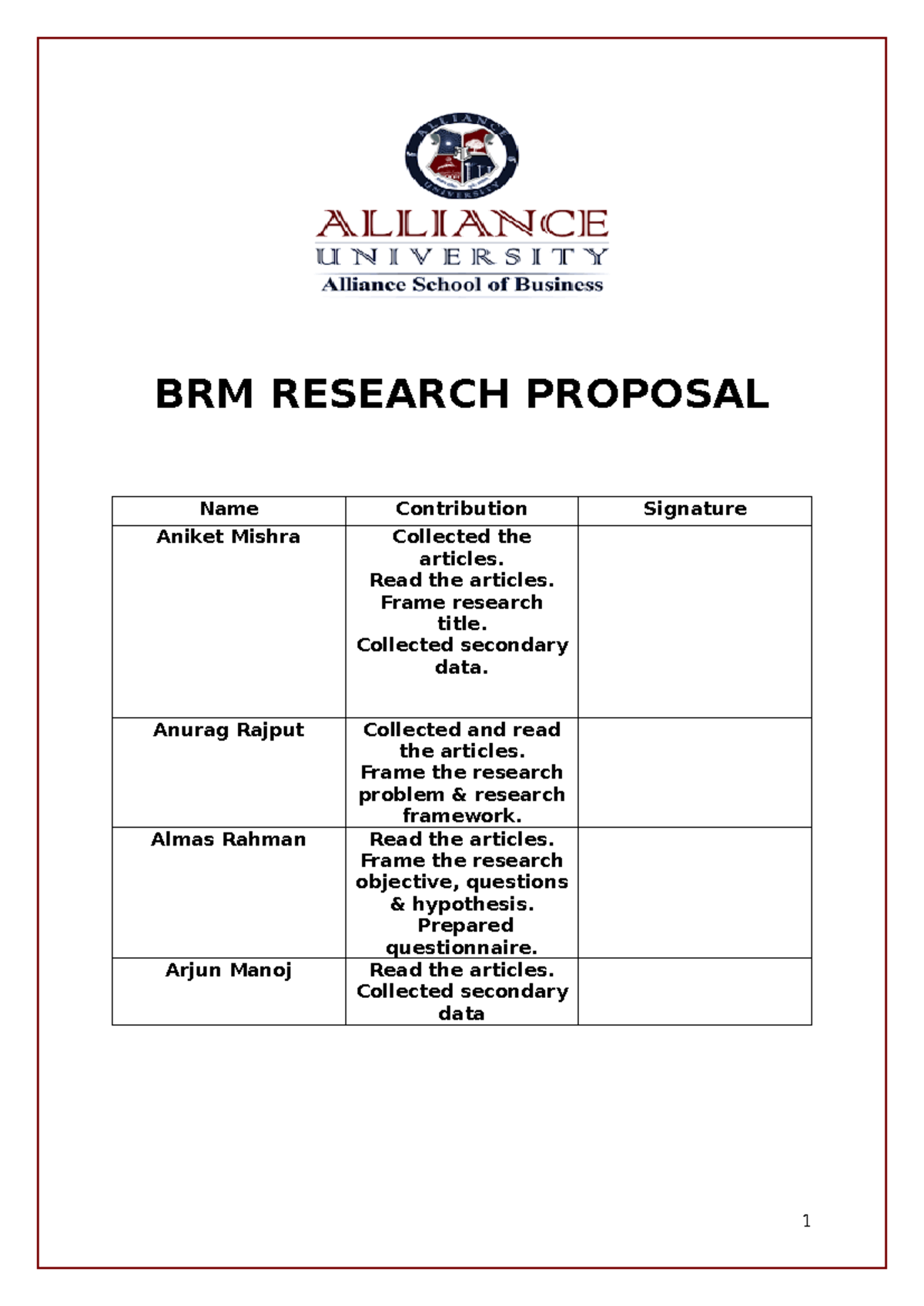 BRM report updated proposal - BRM RESEARCH PROPOSAL Name Contribution Signature Aniket Mishra ...