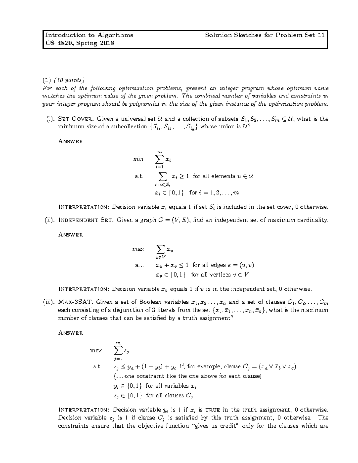 Sol11 Solutions To Assignment 11 Introduction To Algorithms Solution Sketches For Problem