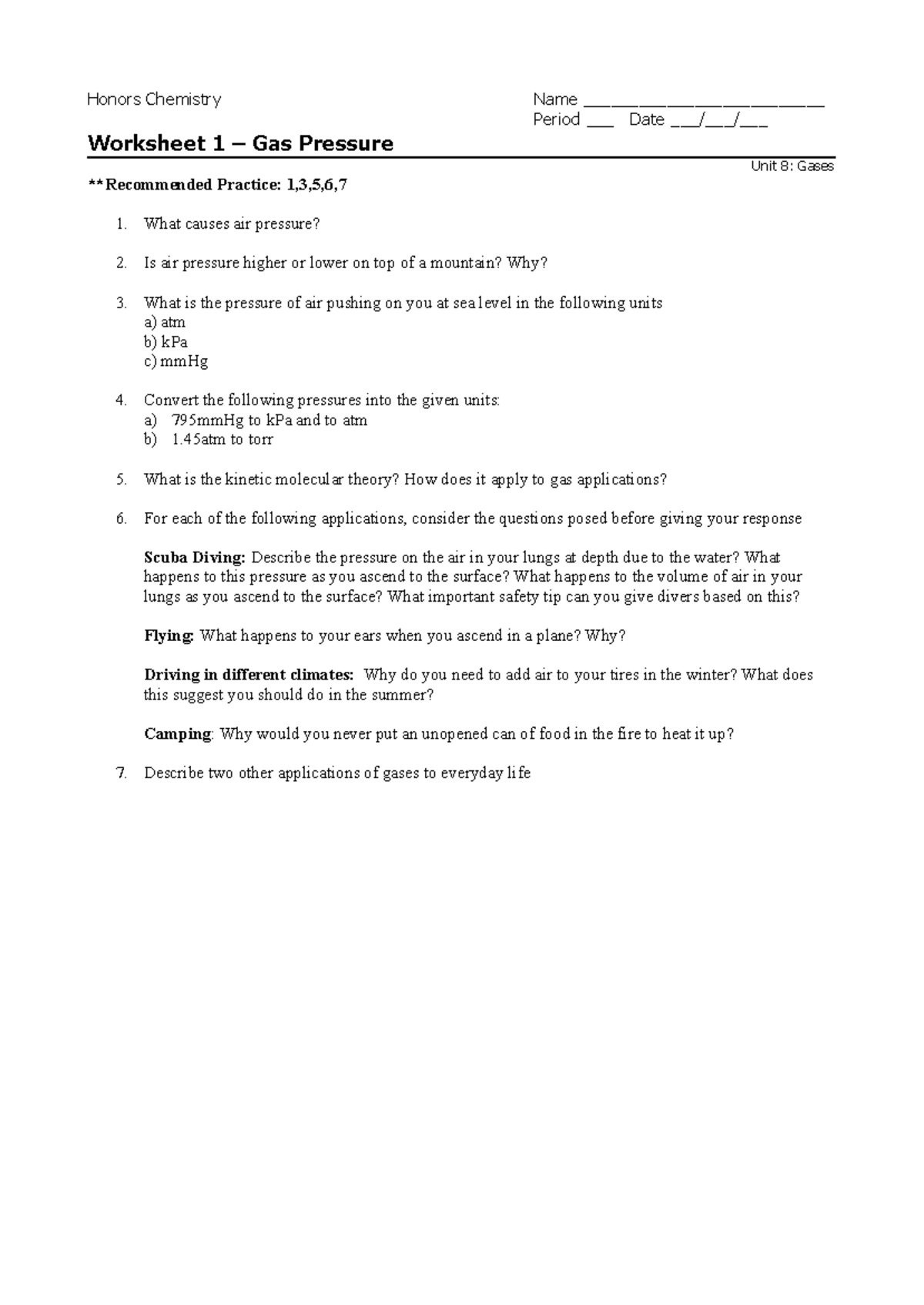 ChemistrySHEET1 - Honors Chemistry Name ...
