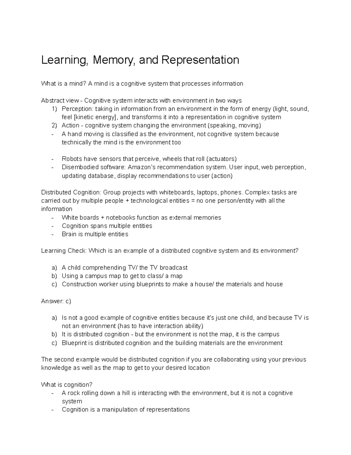 Mysteries of the Mind notes - Learning, Memory, and Representation What ...