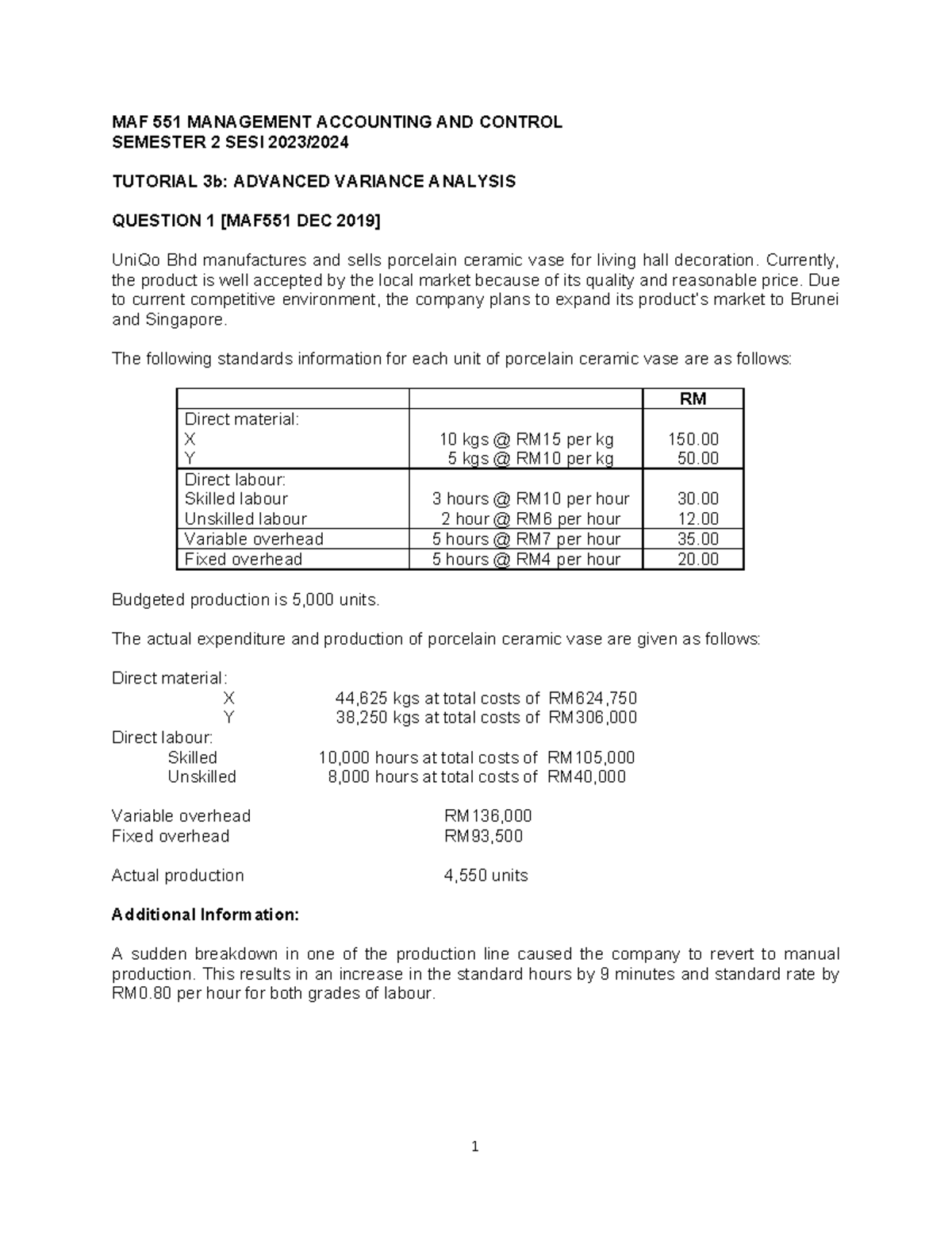 Document (1) - MAF 551 MANAGEMENT ACCOUNTING AND CONTROL SEMESTER 2 ...
