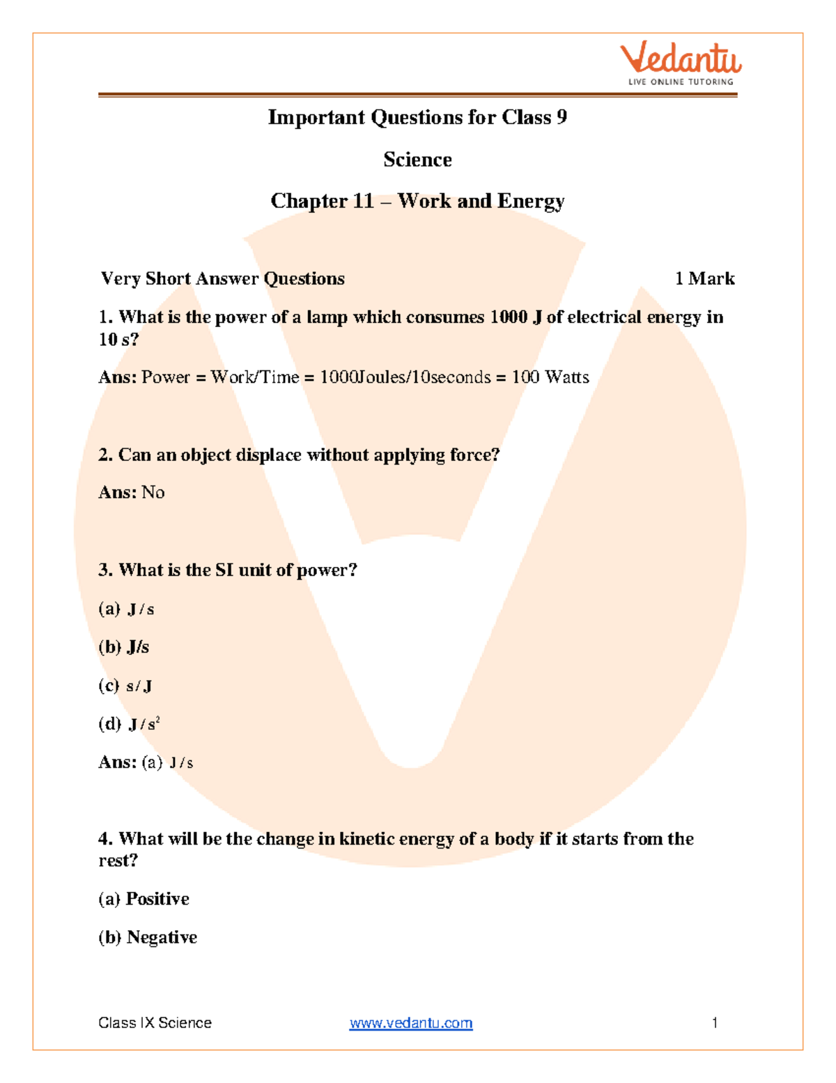 CBSE Class 9 Science Chapter 11 - Work and Energy Important Questions ...