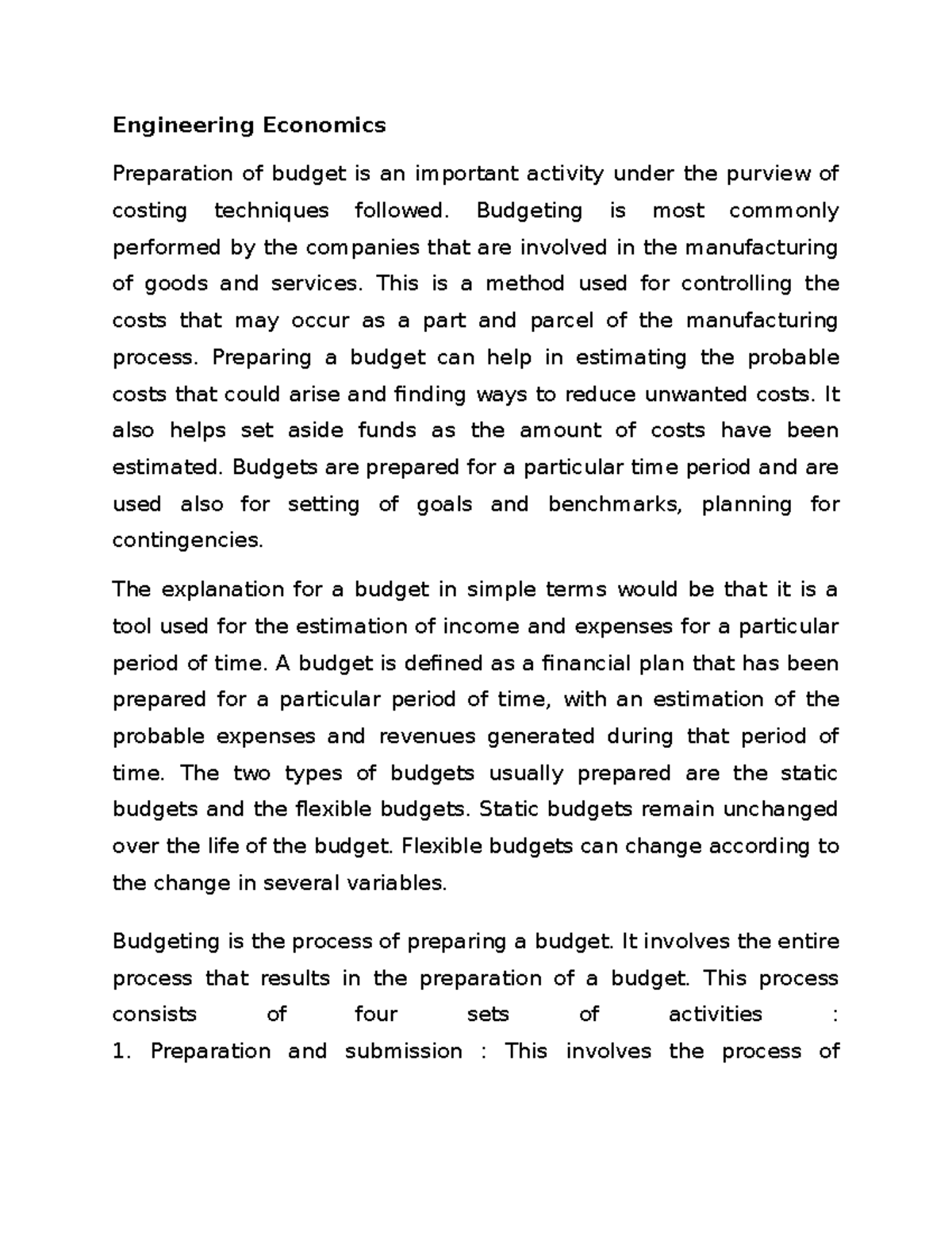 Engineering Economics - Engineering Economics Preparation of budget is ...