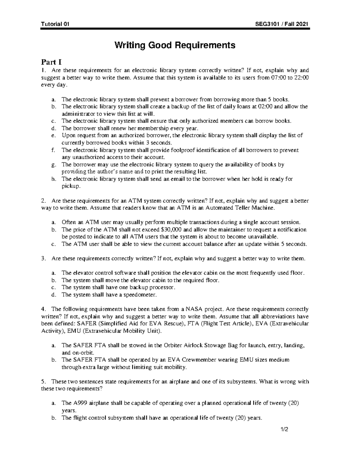 SEG3101-01-Introduction - Tutorial 01 SEG3 1 01 / Fall 20 21 1 / 2 ...