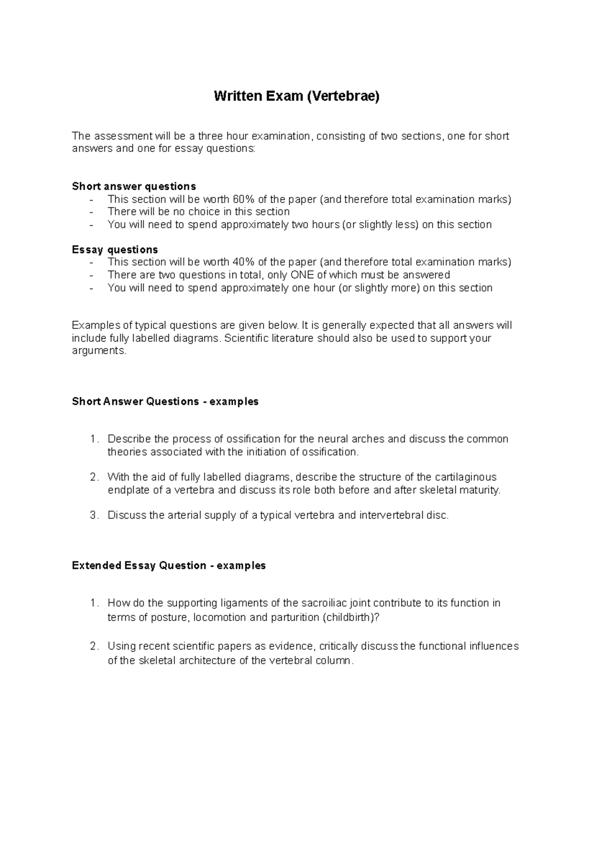 Example exam Questions - Written Exam (Vertebrae) The assessment will ...
