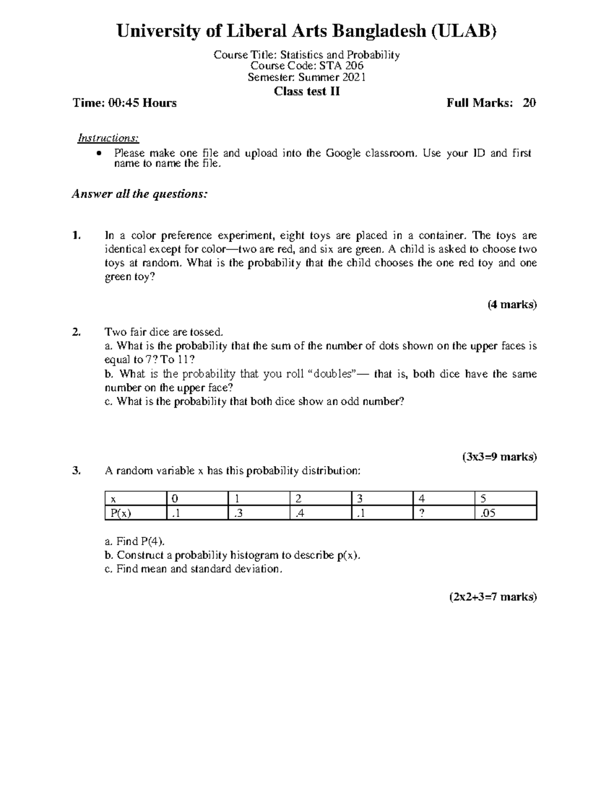 Stat-1-quiz-02 2021 - ... - University of Liberal Arts Bangladesh (ULAB ...