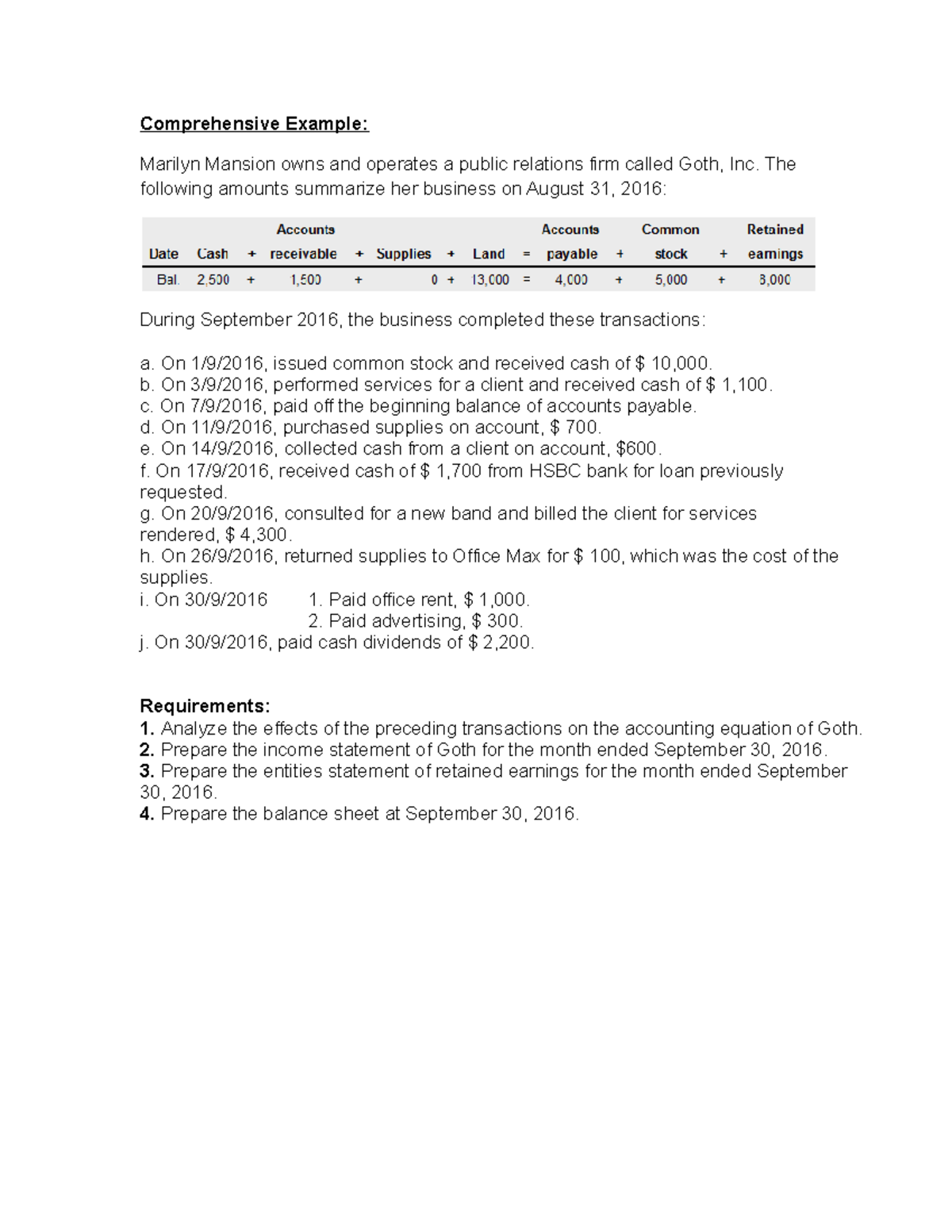 Example On the Accounting Equation - Comprehensive Example: Marilyn ...
