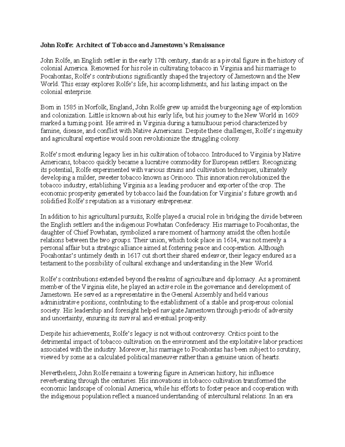 John Rolfe Essay - John Rolfe: Architect of Tobacco and Jamestown’s ...