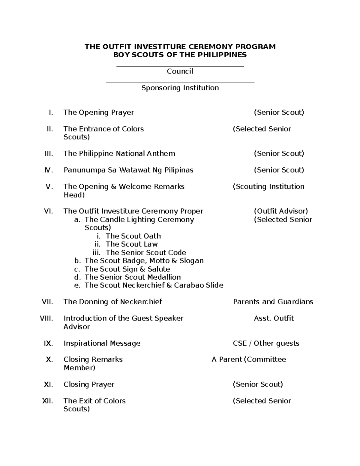 Investiture for Outfit 2 - THE OUTFIT INVESTITURE CEREMONY PROGRAM BOY ...