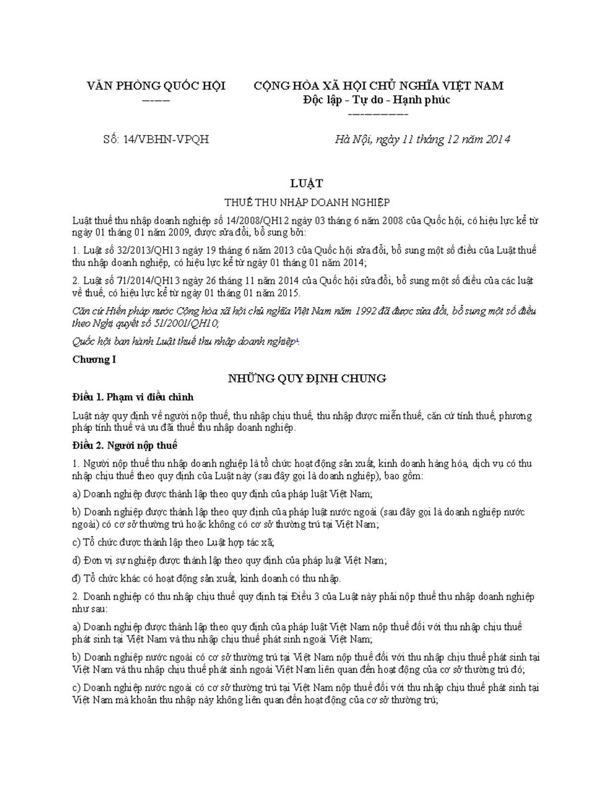 14 VBHN VPQH THUẾ TNDN - Afdsf - VĂN PHÒNG QUỐC HỘI - CỘNG HÒA XÃ HỘI ...