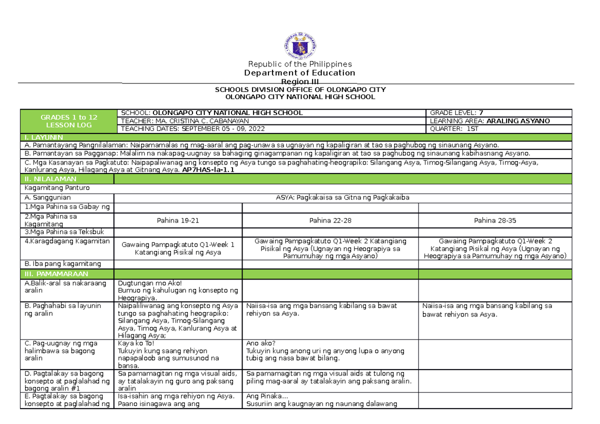 Grade-7-DLL-Sept 05-09 - 7 Republic of the Philippines Department of Education Region III ...