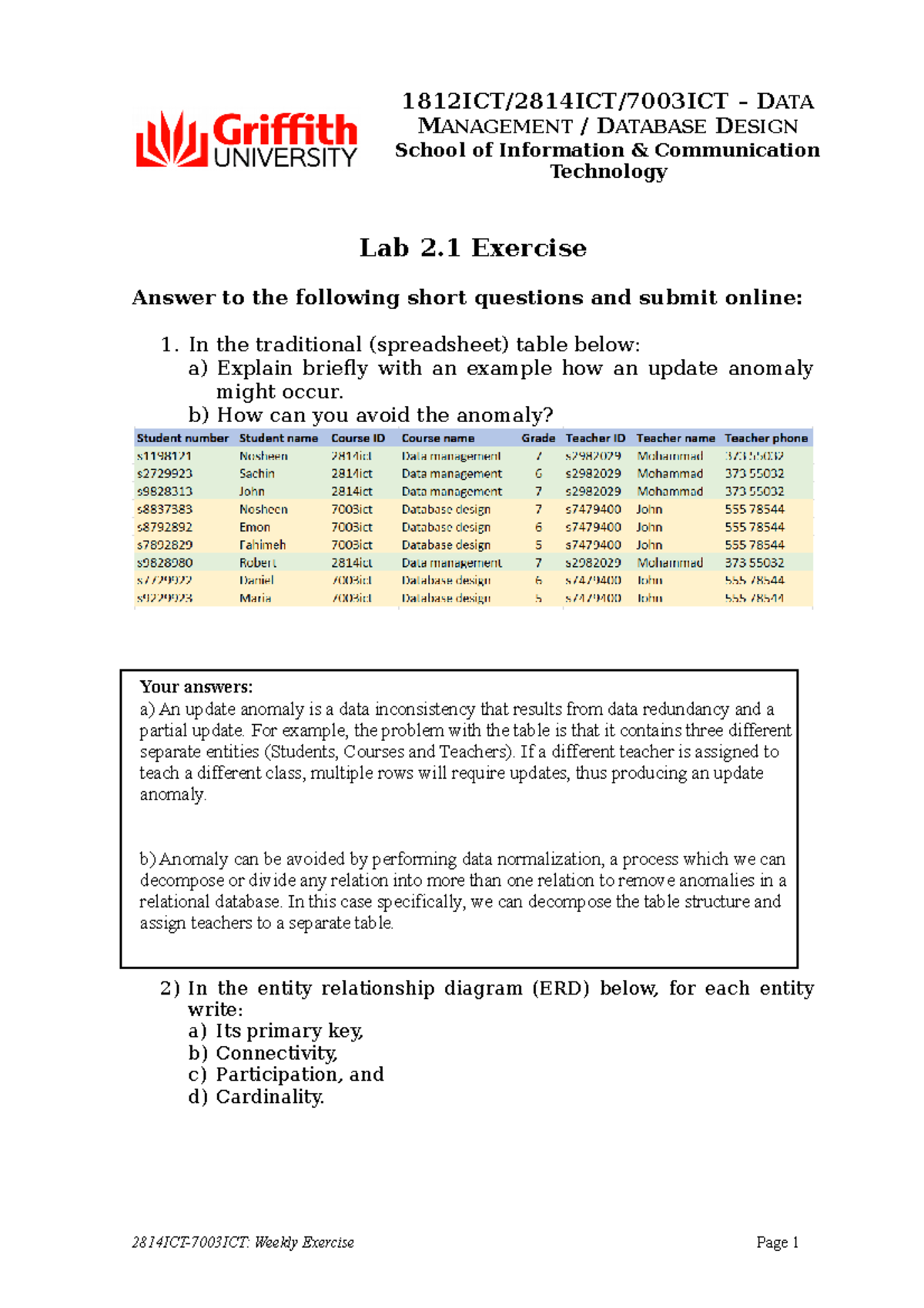 Lab 2.1 Exercise - 1812ICT/2814ICT/7003ICT – DATA MANAGEMENT / DATABASE ...