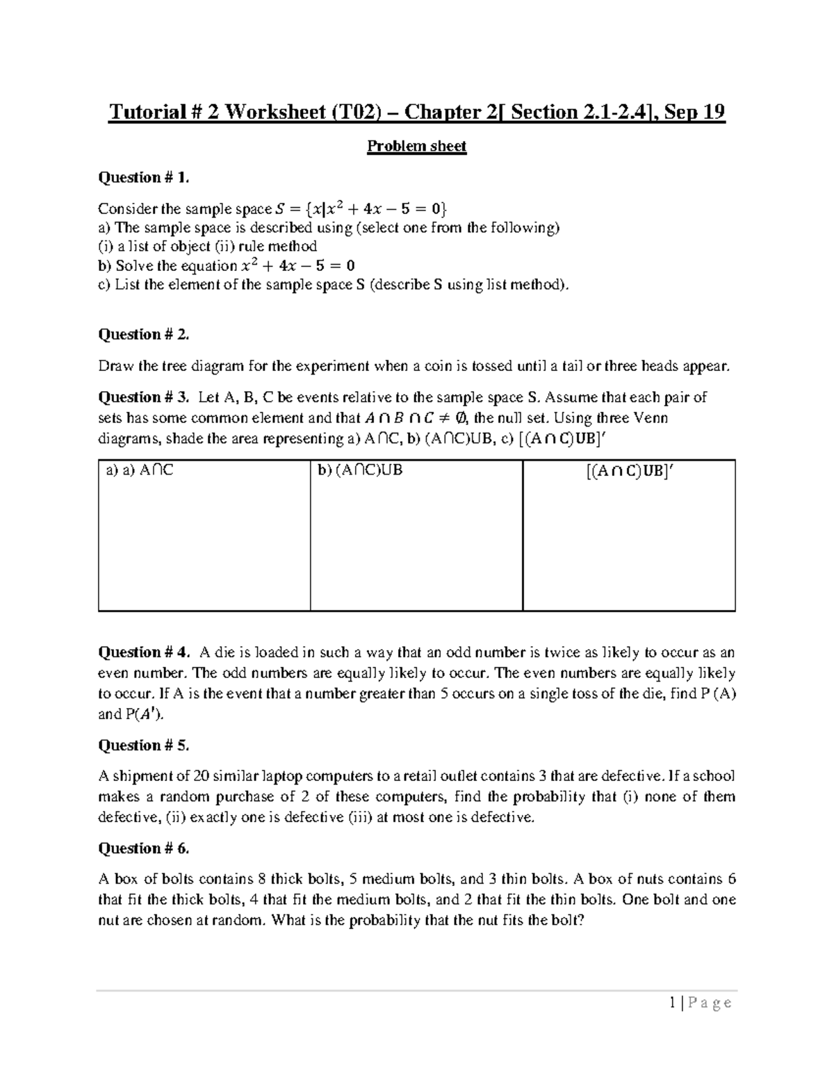 Problem sheet and solution worksheet T#2 (Section T02) - Tutorial # 2 ...