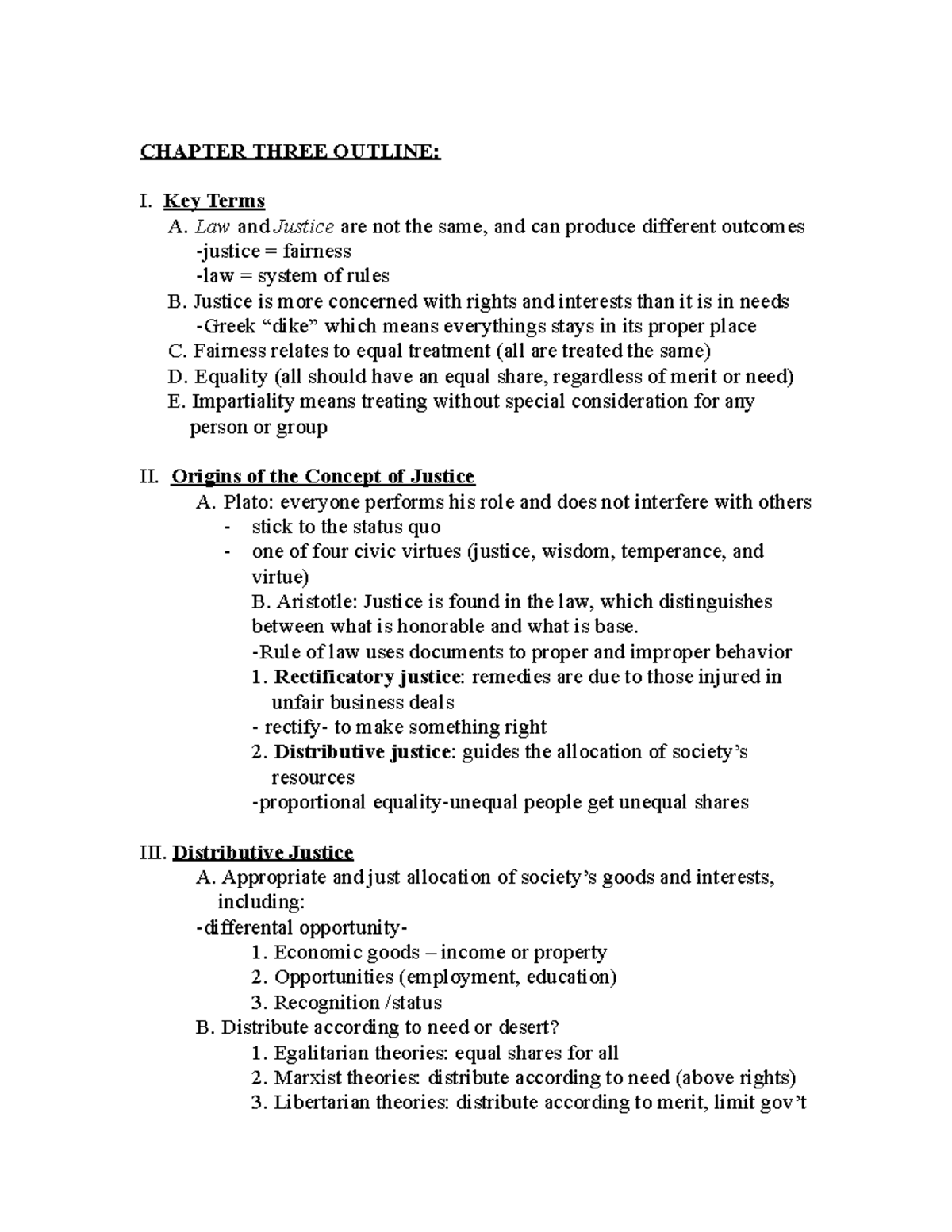 Chapter 3 Notes - CHAPTER THREE OUTLINE: I. Key Terms A. Law and ...