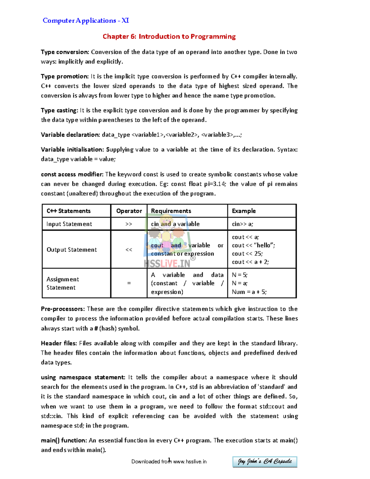 12984 - Chapter 6 - Computer Applications - XI 1 Joy John’s CA Capsule Chapter 6 : Introduction ...