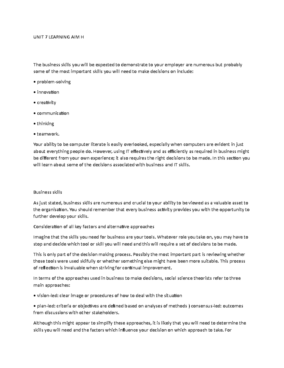 Pearson BTEC National Business Unit 7 Learning Aim H - UNIT 7 LEARNING ...