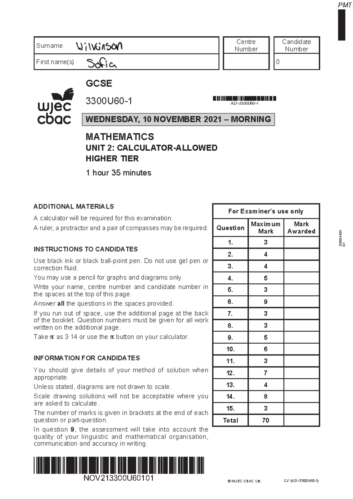 November 2021 QP - calc (H) WJEC Maths GCSE - 3 3 0 0 U 6 0 1 0 1 ...
