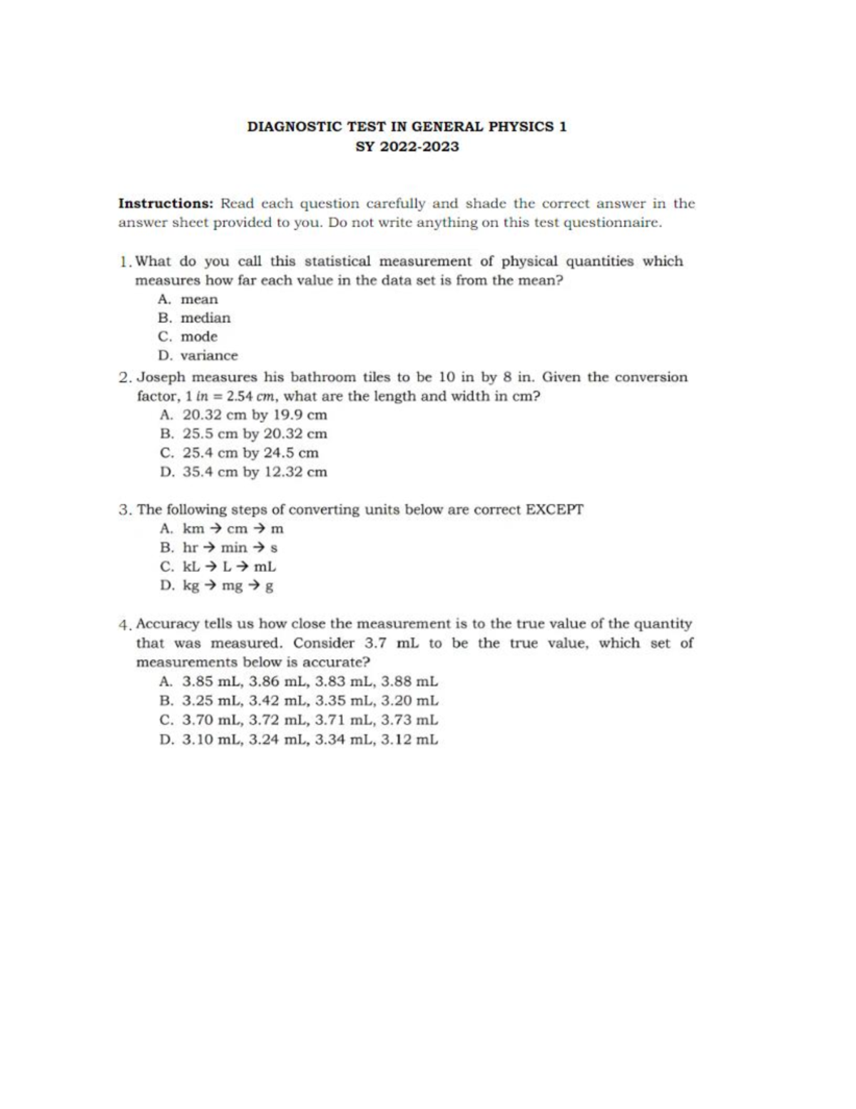 General Physics 1 Diagnostic EXAM - DIAGNOSTIC TEST IN GENERAL PHYSICS ...