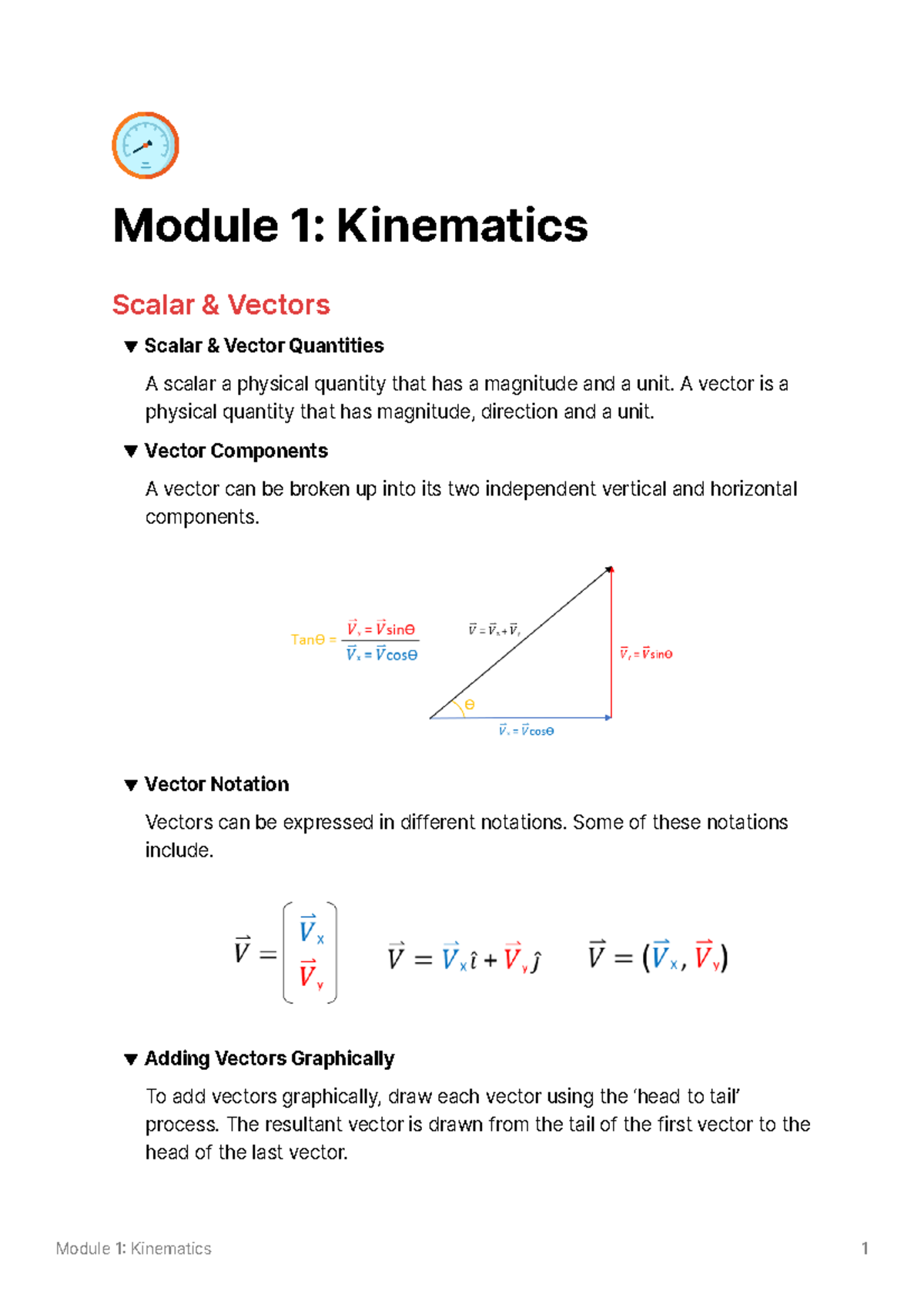 Module 1 Kinematics - Module 1: Kinematics Scalar & Vectors Scalar ...