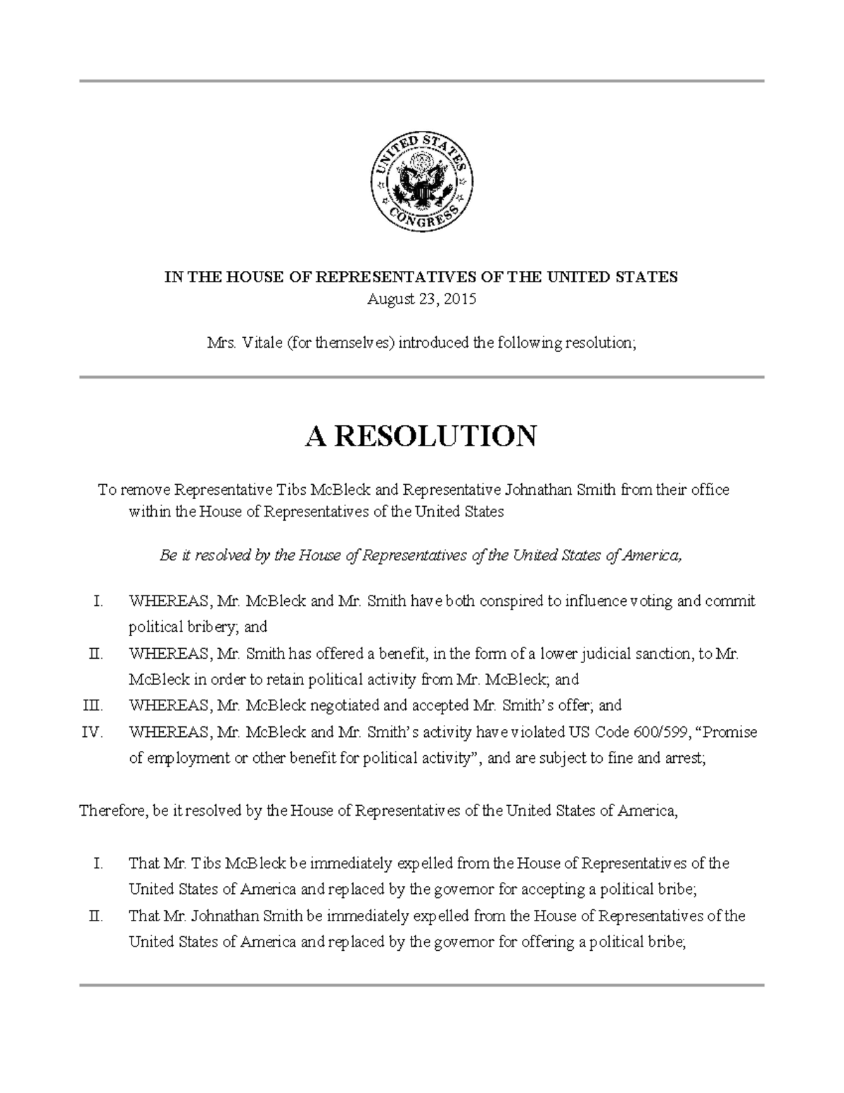 Mr. Mc Bleck and Mr. Smith Expulsion Resolution - IN THE HOUSE OF ...