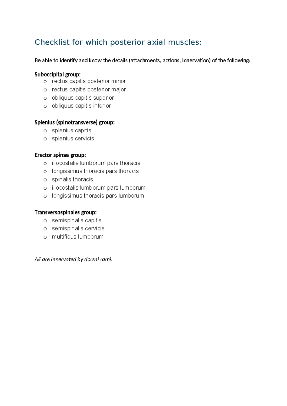 Checklist for which posterior axial muscles - Studocu