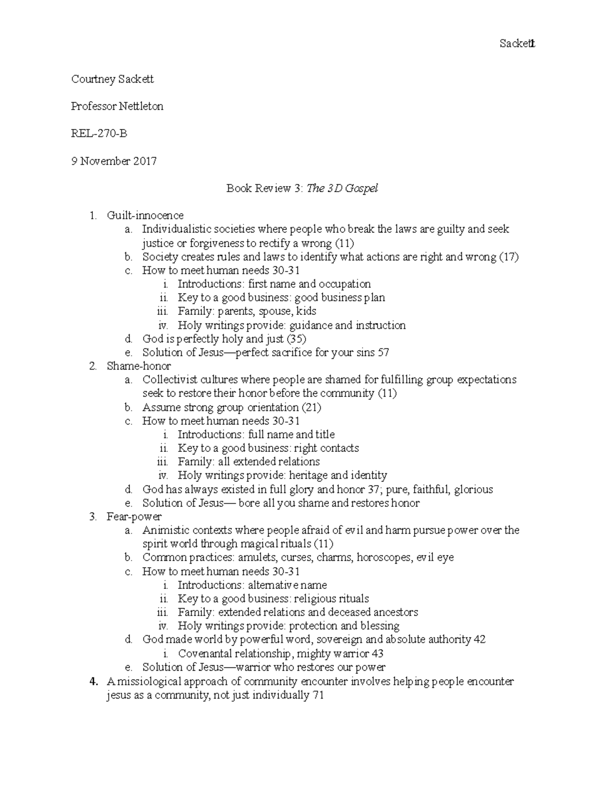 Book Review 3 Outline - Grade: A - Sackett1 Courtney Sackett Professor ...